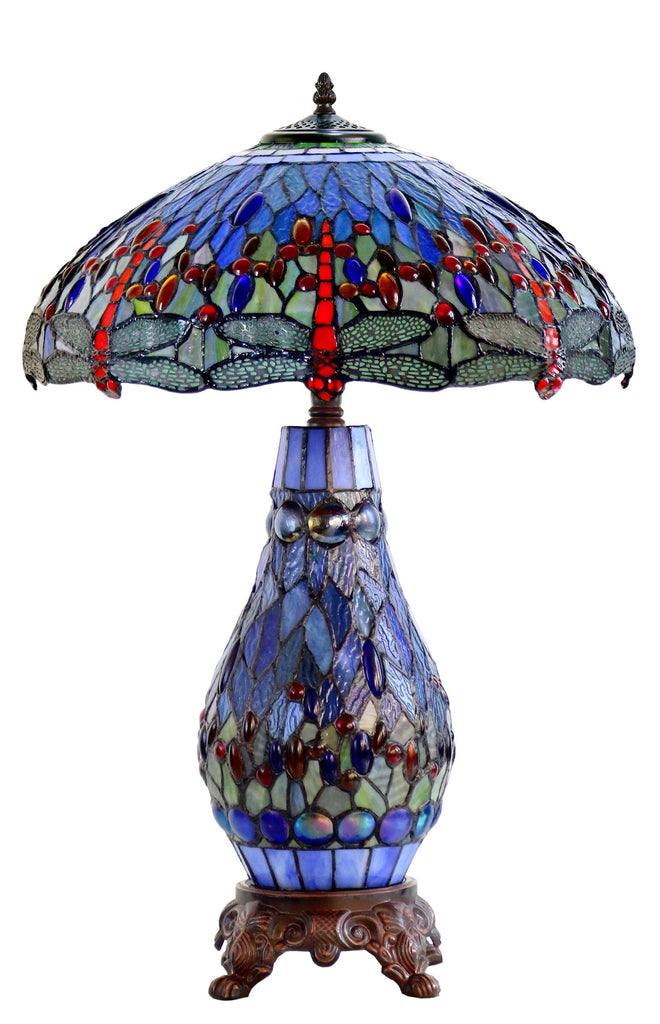 Large 18" Blue Traditional Dragonfly Tiffany Table Lamp with Lighted B ...